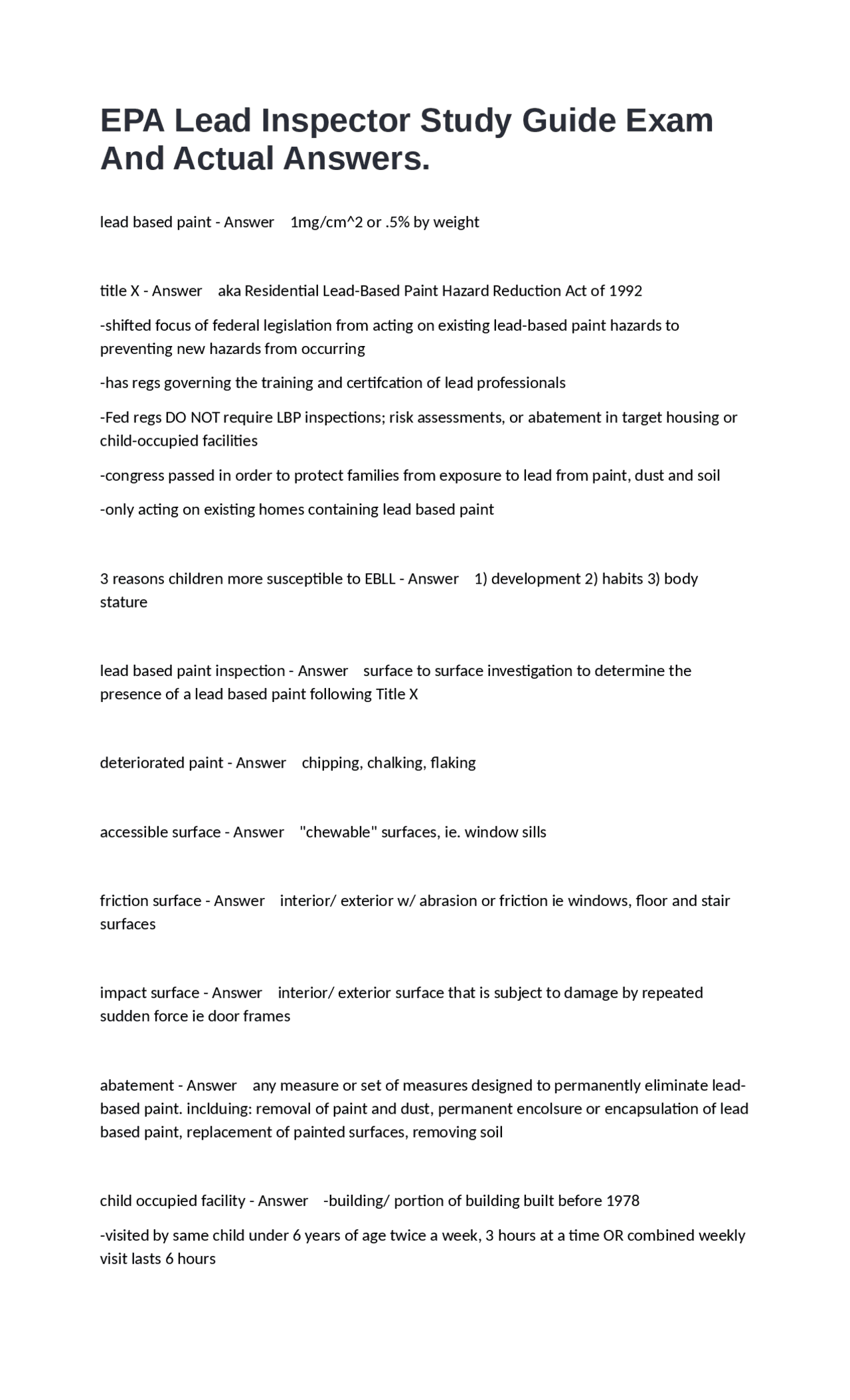 EPA Lead Inspector Exam Study Guide: Key Concepts and Regulations ...