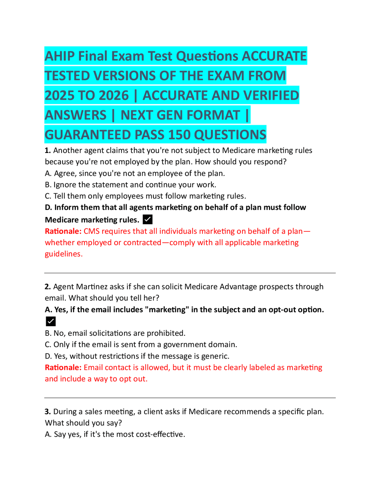 AHIP Final Exam Practice Questions: Medicare Compliance 2025-2026 ...