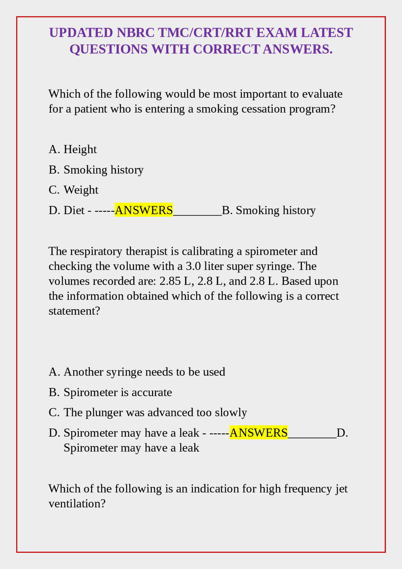 UPDATED LATEST NBRC TMC/CRT/RRT EXAM LATEST QUESTIONS WITH CORRECT ...