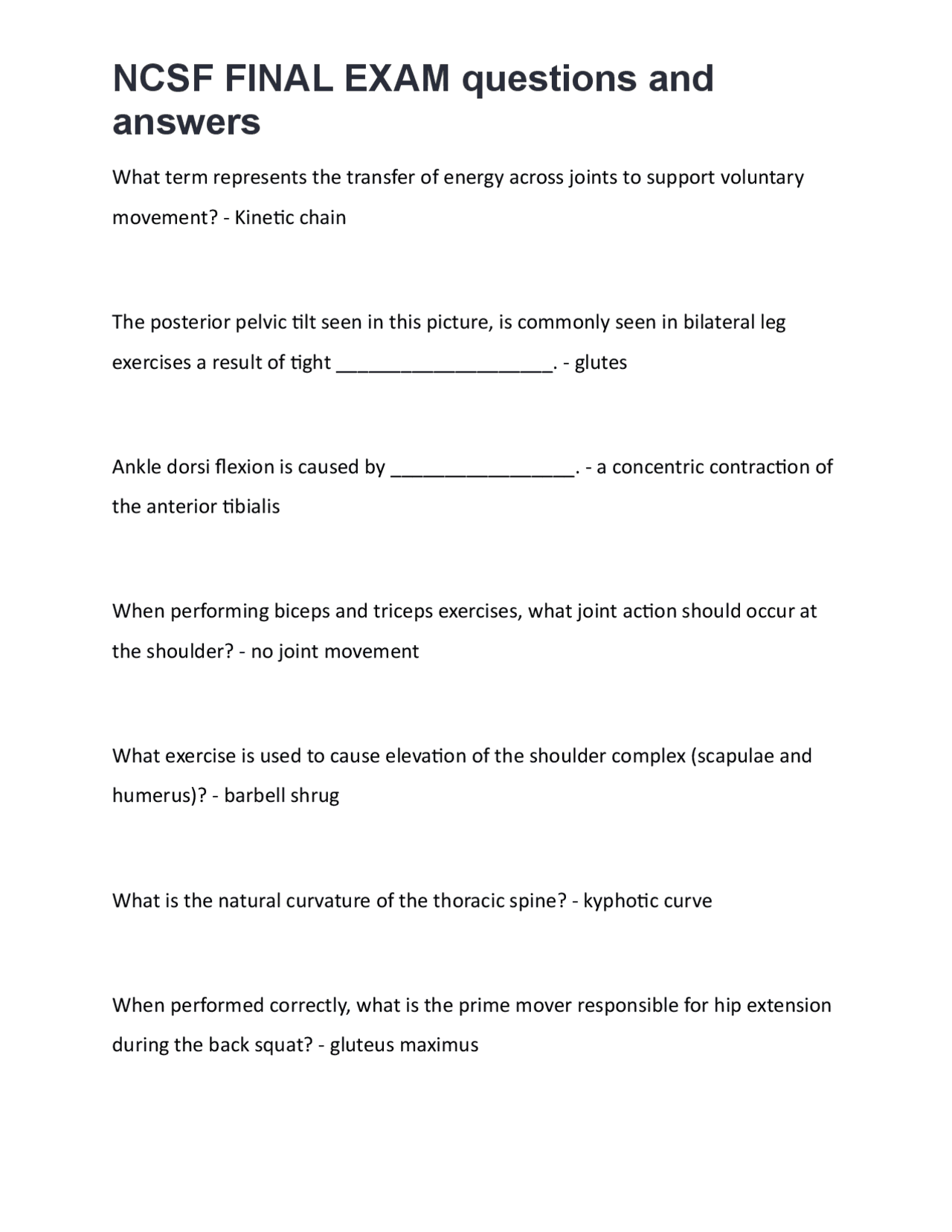 NCSF Final Exam Q&A: Exercise Science Review | Exams Nursing | Docsity