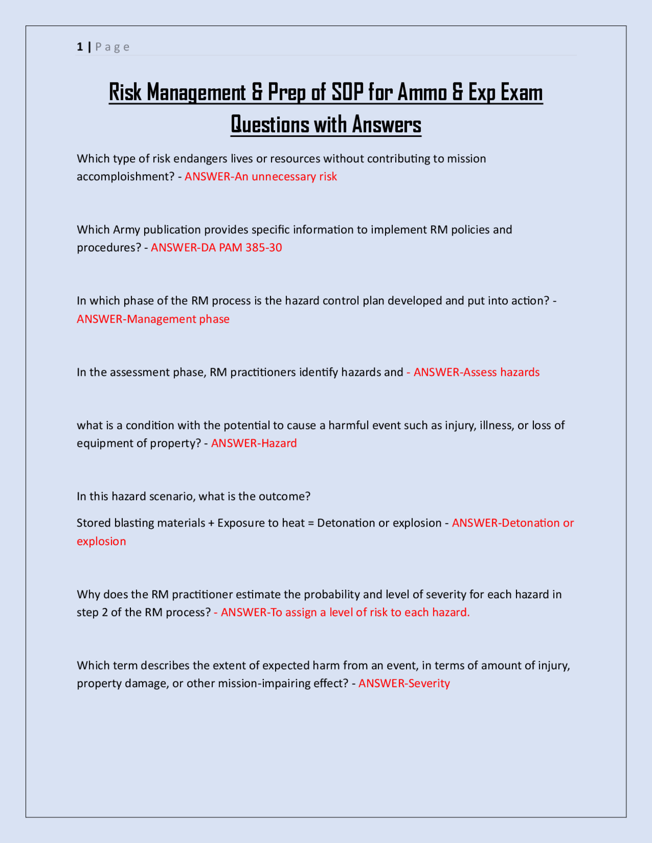 Risk Management & Prep of SOP for Ammo & Exp Exam Questions with Answers | Exams Credit and Risk ...