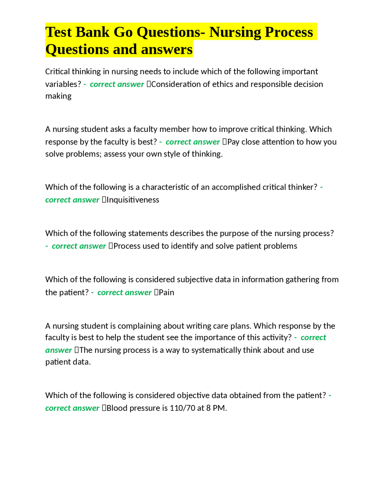 Test Bank Go Questions- Nursing Process Questions and answers | Exams ...