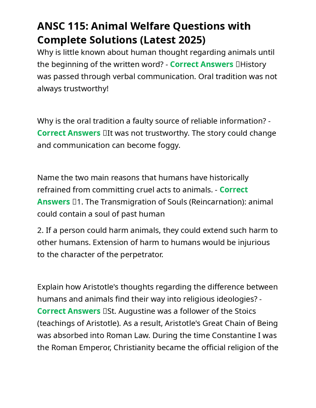 ANSC 115: Animal Welfare Questions with Complete Solutions (Latest 2025 ...