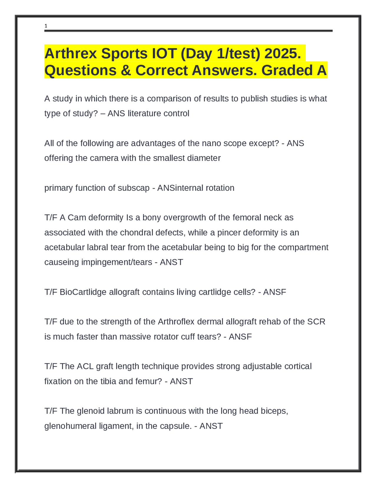 Arthrex Sports IOT (Day 1/test) 2025. Questions & Correct Answers ...