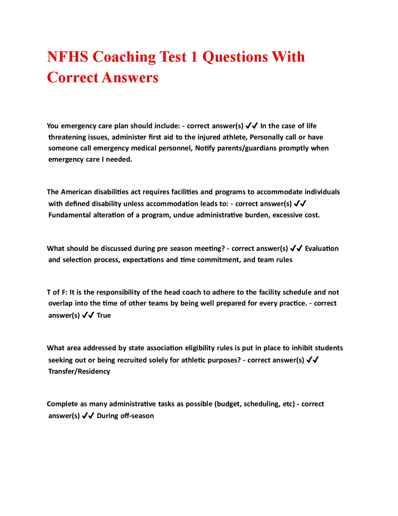 NFHS Coaching Test: Questions and Answers for Interscholastic Athletics ...