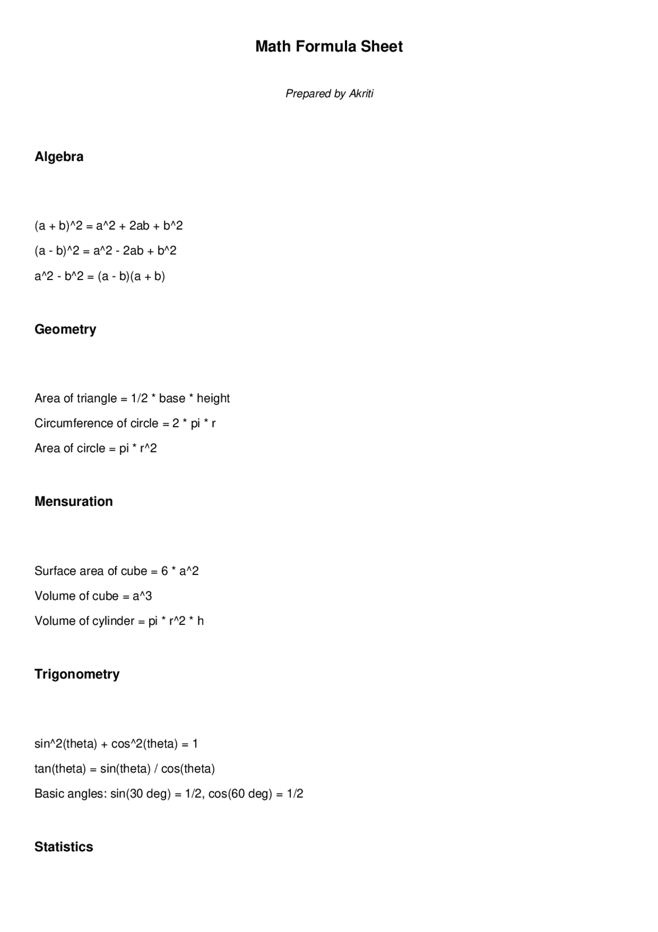 “Complete Math Formula Sheet (Class 9–12) | Algebra, Geometry, Trigonometry, Calculus | By ...