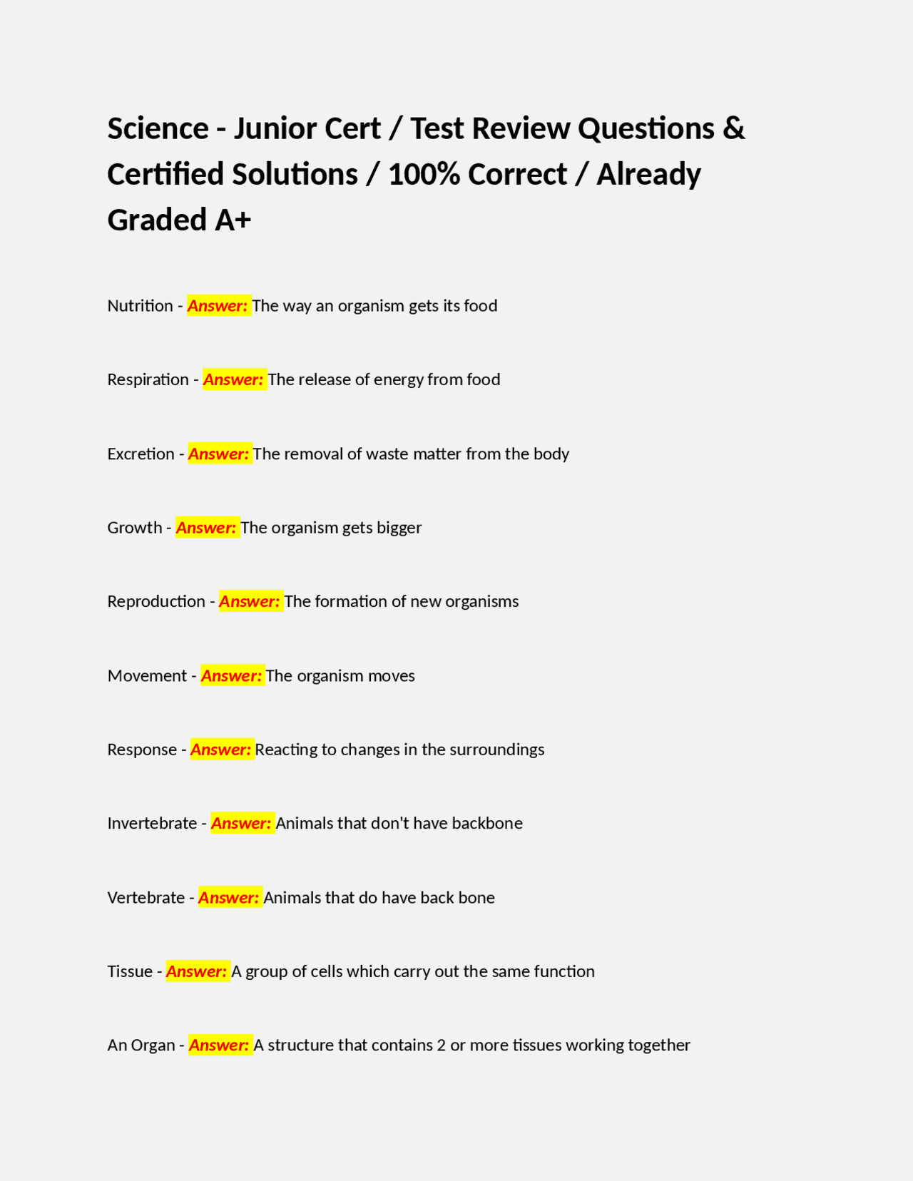 Science - Junior Cert / Test Review Questions & Certified Solutions ...
