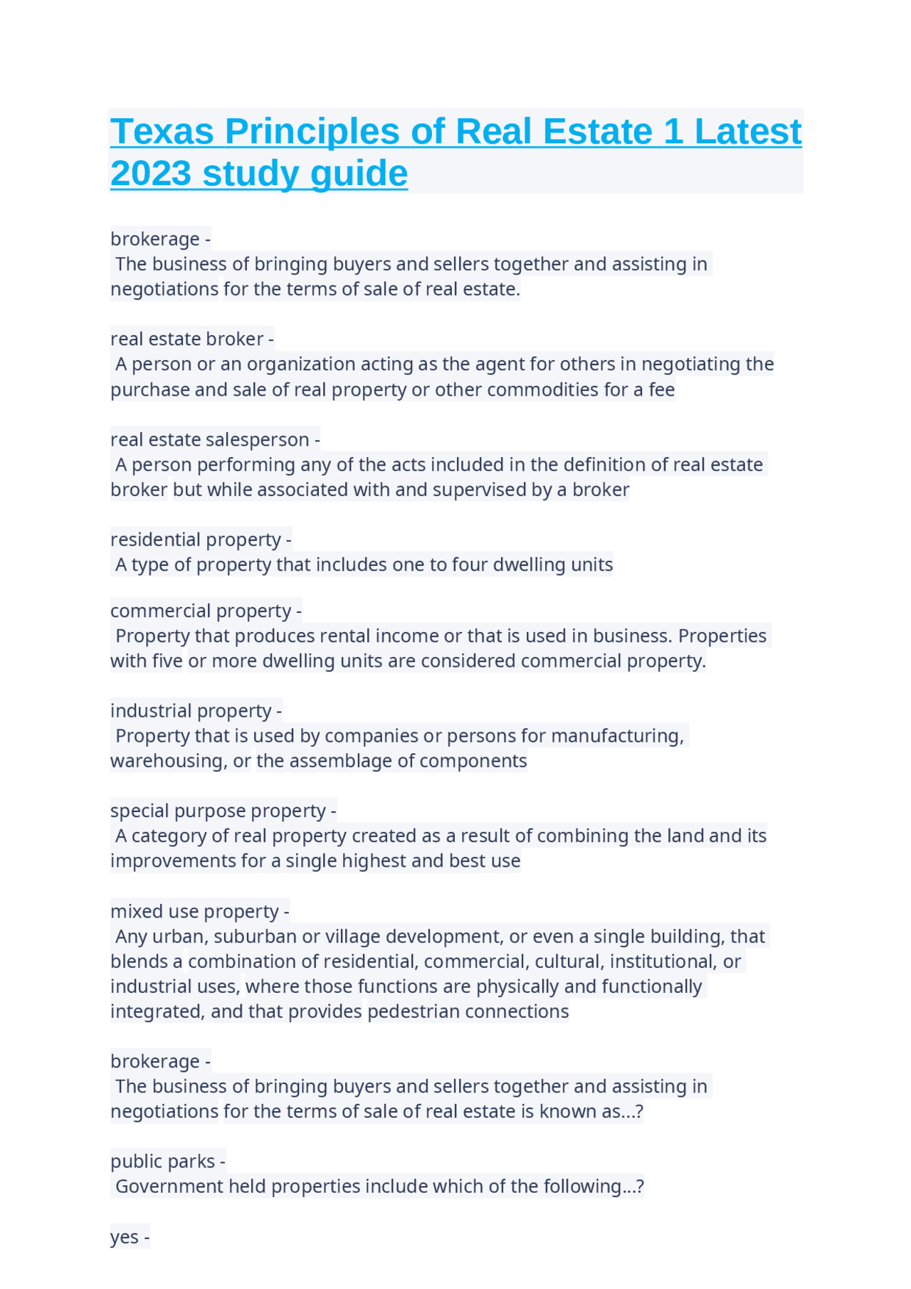 Texas Principles of Real Estate 1 Latest 2023 study guide (1).docx ...