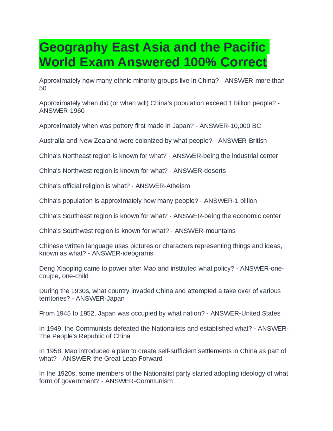 East Asia and Pacific Geography Exam: Q&A | Exams Geography | Docsity