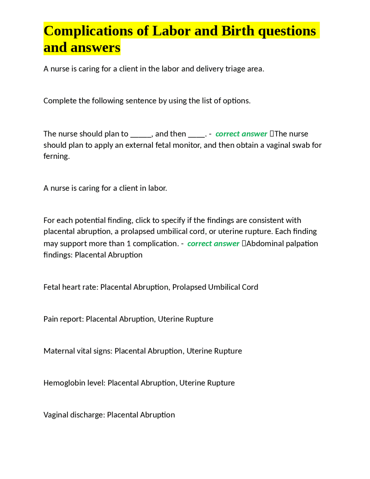 Complications of Labor and Birth questions and answers | Exams Nursing ...
