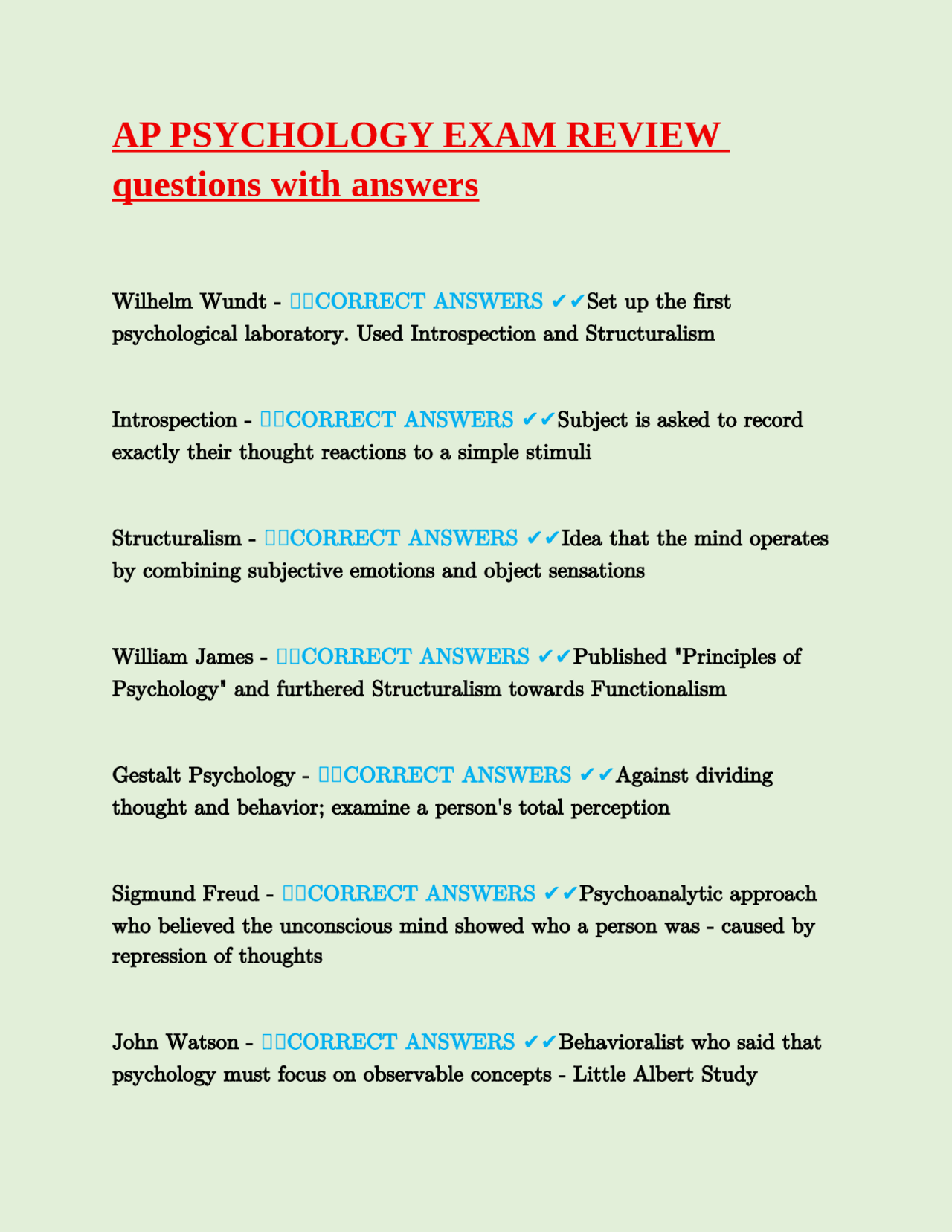 AP PSYCHOLOGY EXAM REVIEW questions with answers | Exams Psychology ...