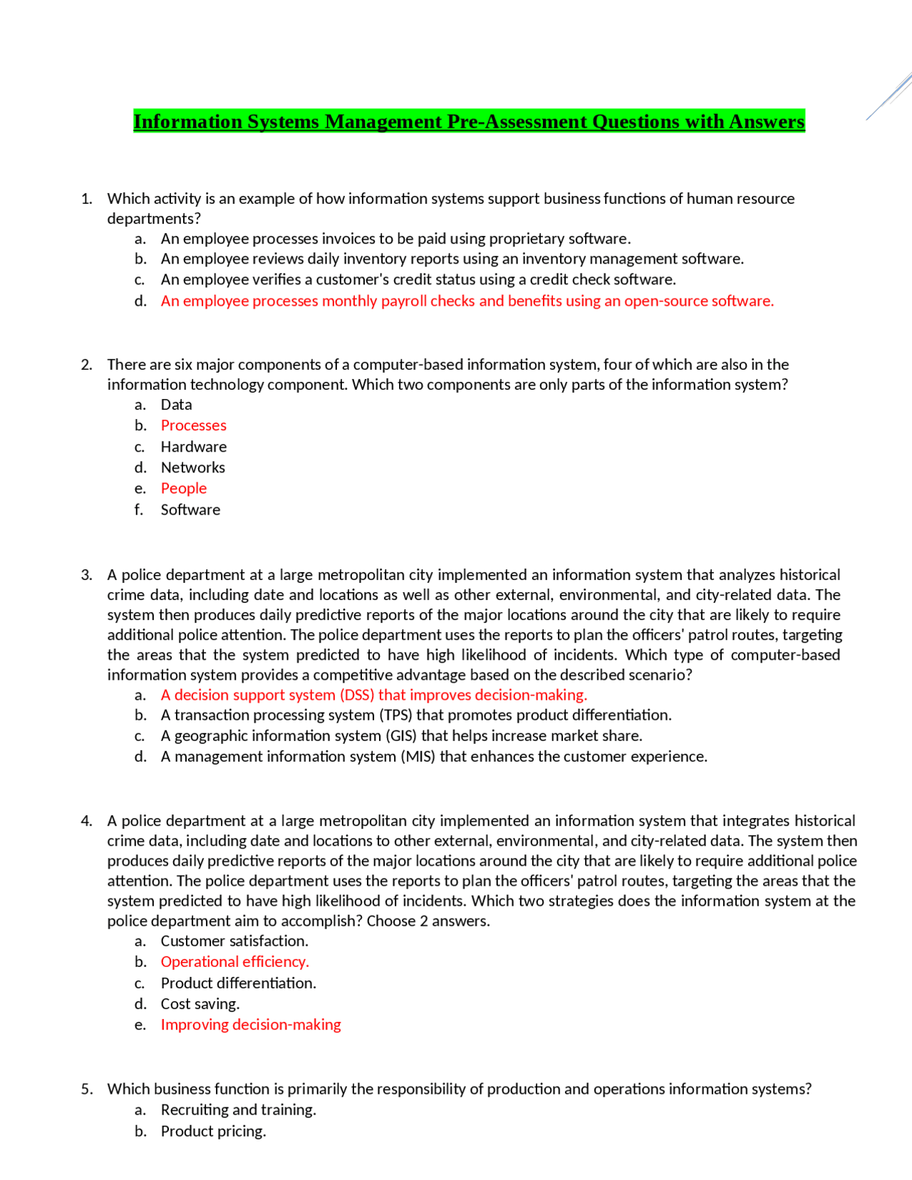 Information Systems Management Pre-Assessment Questions with Answers ...