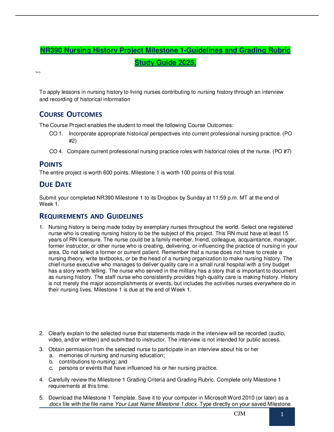NR390 Nursing History Project Milestone 1- Guidelines and Grading ...