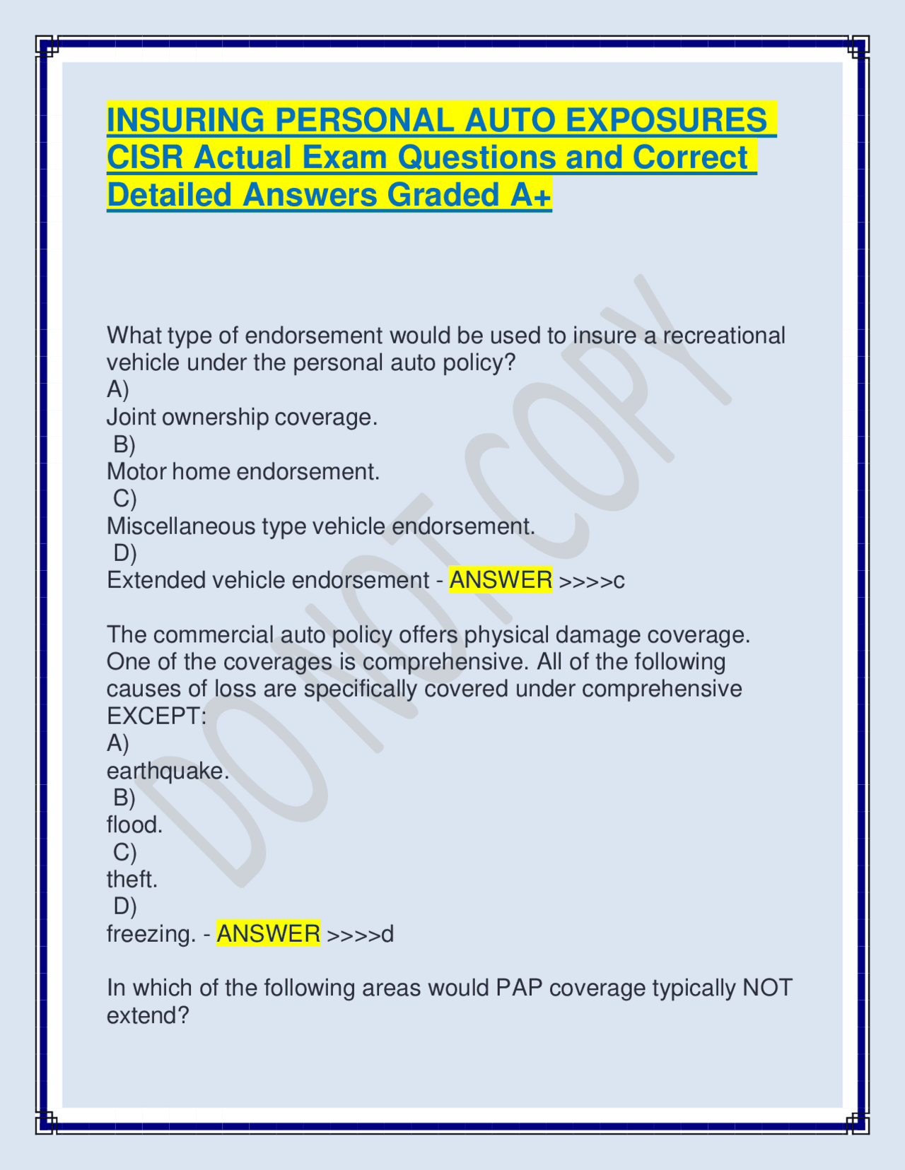 CISR Exam Prep: Insuring Personal Auto Exposures - Questions and ...
