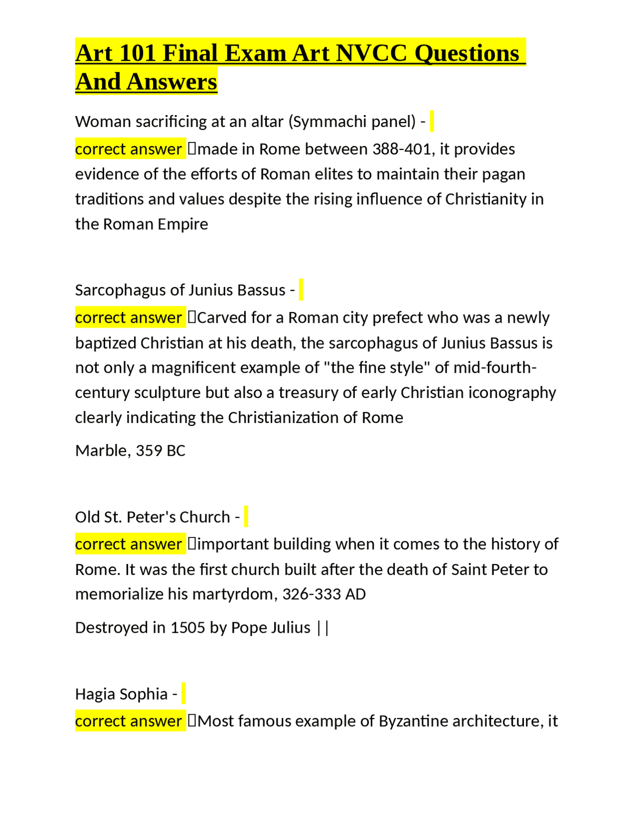 Art 101 Final Exam Art NVCC Questions And Answers | Exams Art | Docsity