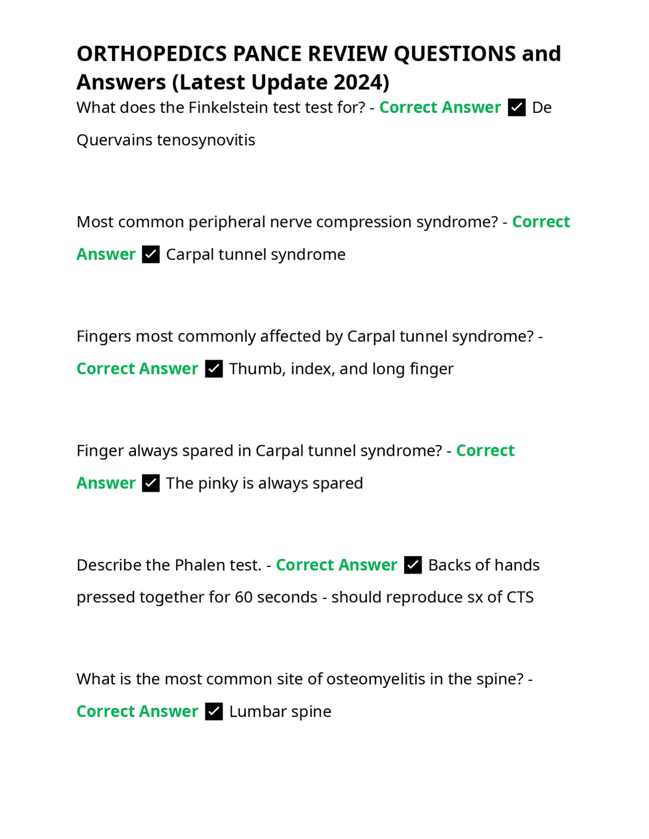 Orthopedics PANCE Exam Review: Q&A 2024 | Exams Nursing | Docsity