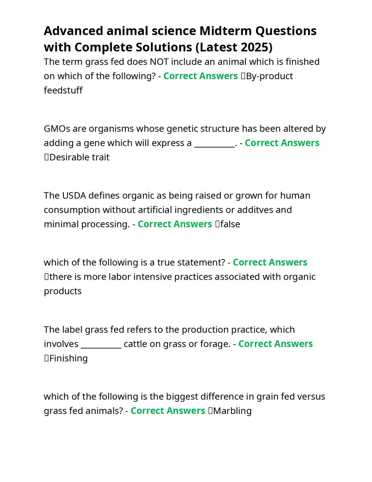 Advanced animal science Midterm Questions with Complete Solutions ...
