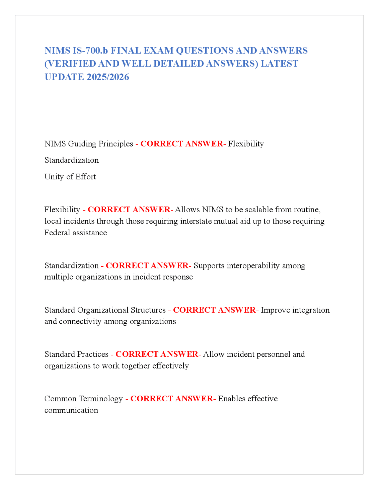 NIMS IS-700.b FINAL EXAM QUESTIONS AND ANSWERS (VERIFIED AND WELL ...