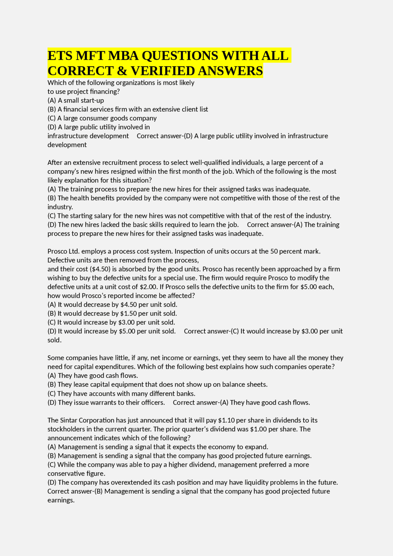 ETS MFT MBA QUESTIONS WITH ALL CORRECT & VERIFIED ANSWERS | Exams ...