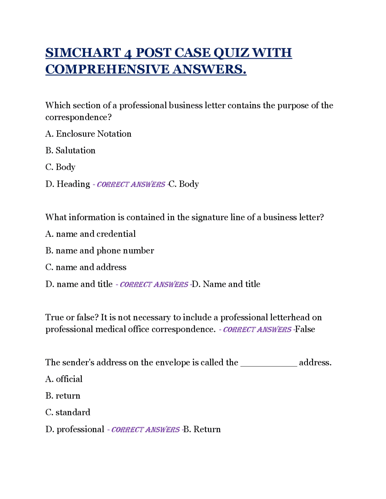 SIMCHART 4 POST CASE QUIZ WITH COMPREHENSIVE ANSWERS. | Exams Nursing ...