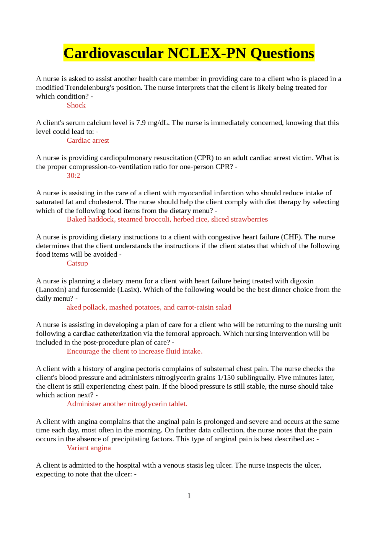 Cardiovascular NCLEX-PN Questions. | Exams Nursing | Docsity