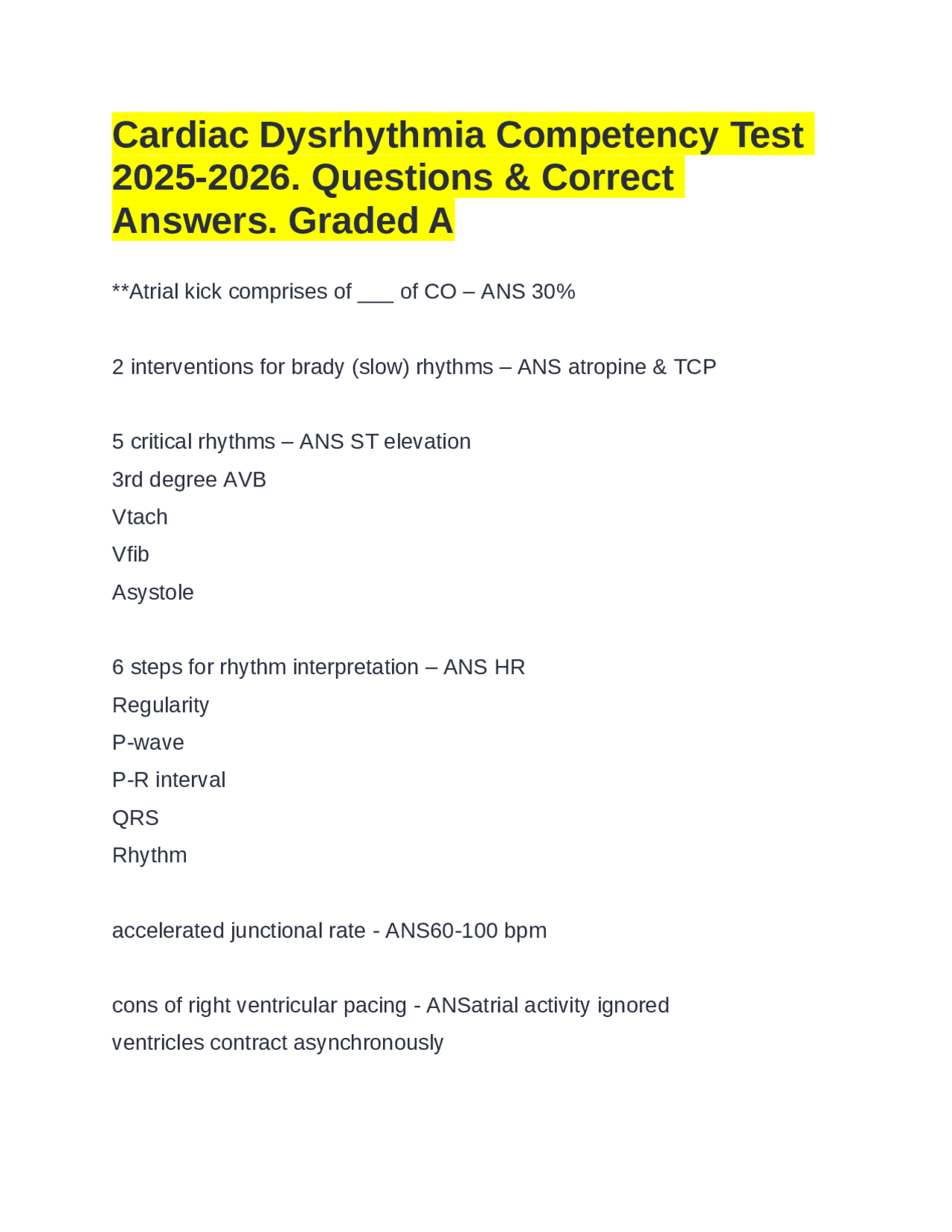 Cardiac Dysrhythmia Competency Test 2025-2026. Questions & Correct ...