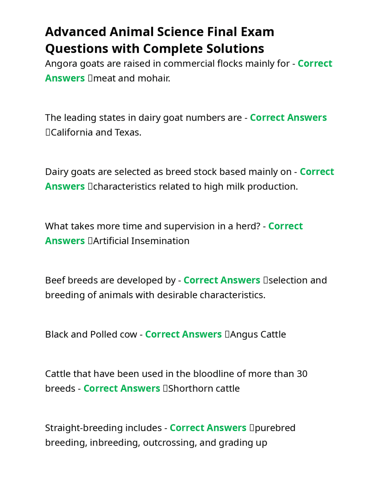 Advanced Animal Science Final Exam Questions with Complete Solutions ...