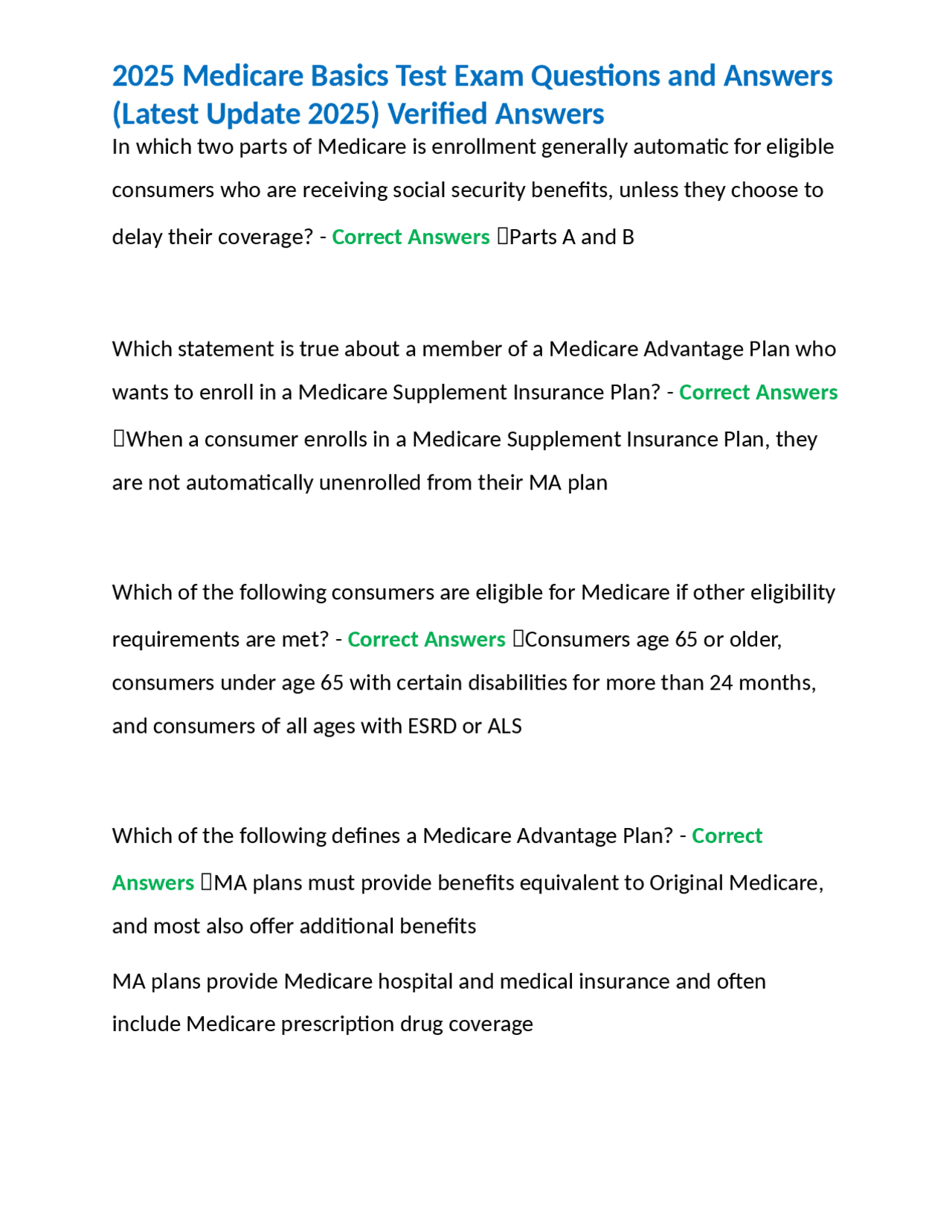 2025 Medicare Basics Test Exam Questions and Answers (Latest Update ...