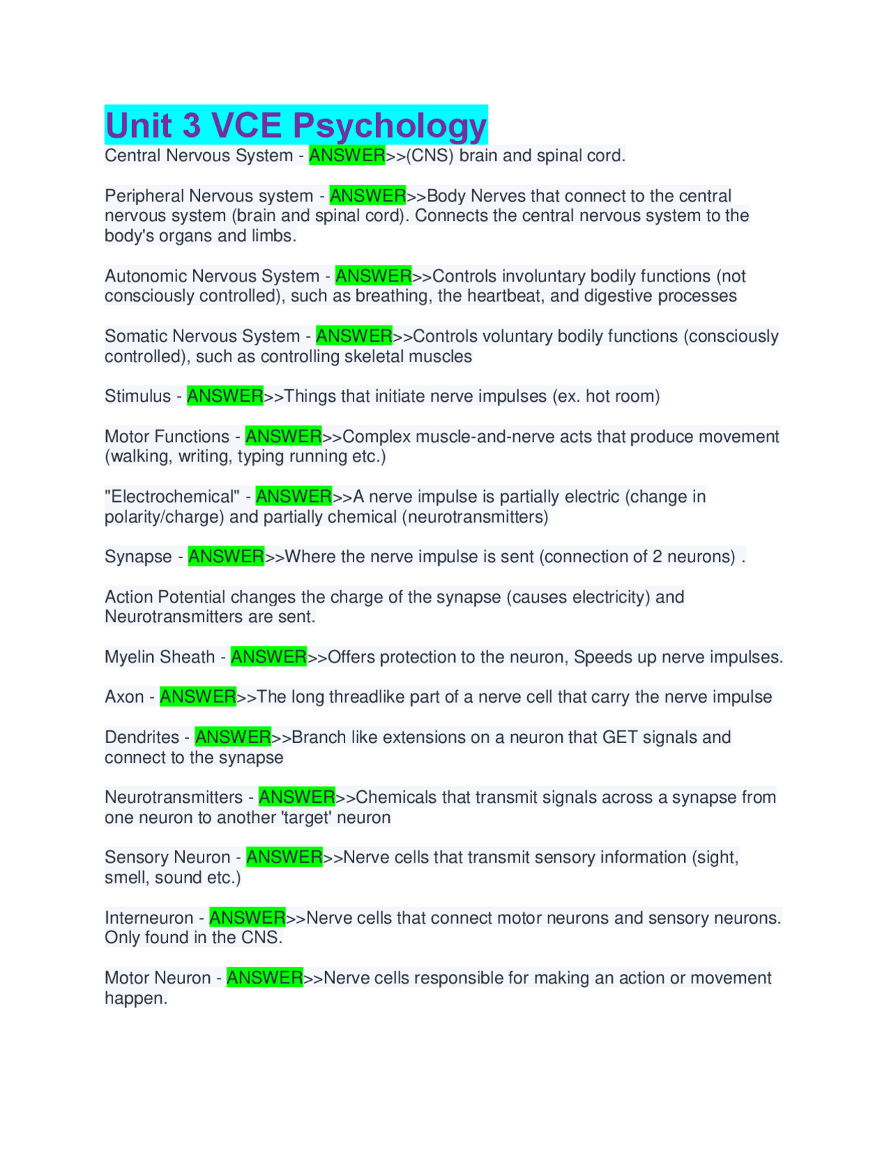 Unit 3 VCE Psychology | Exams Psychology | Docsity