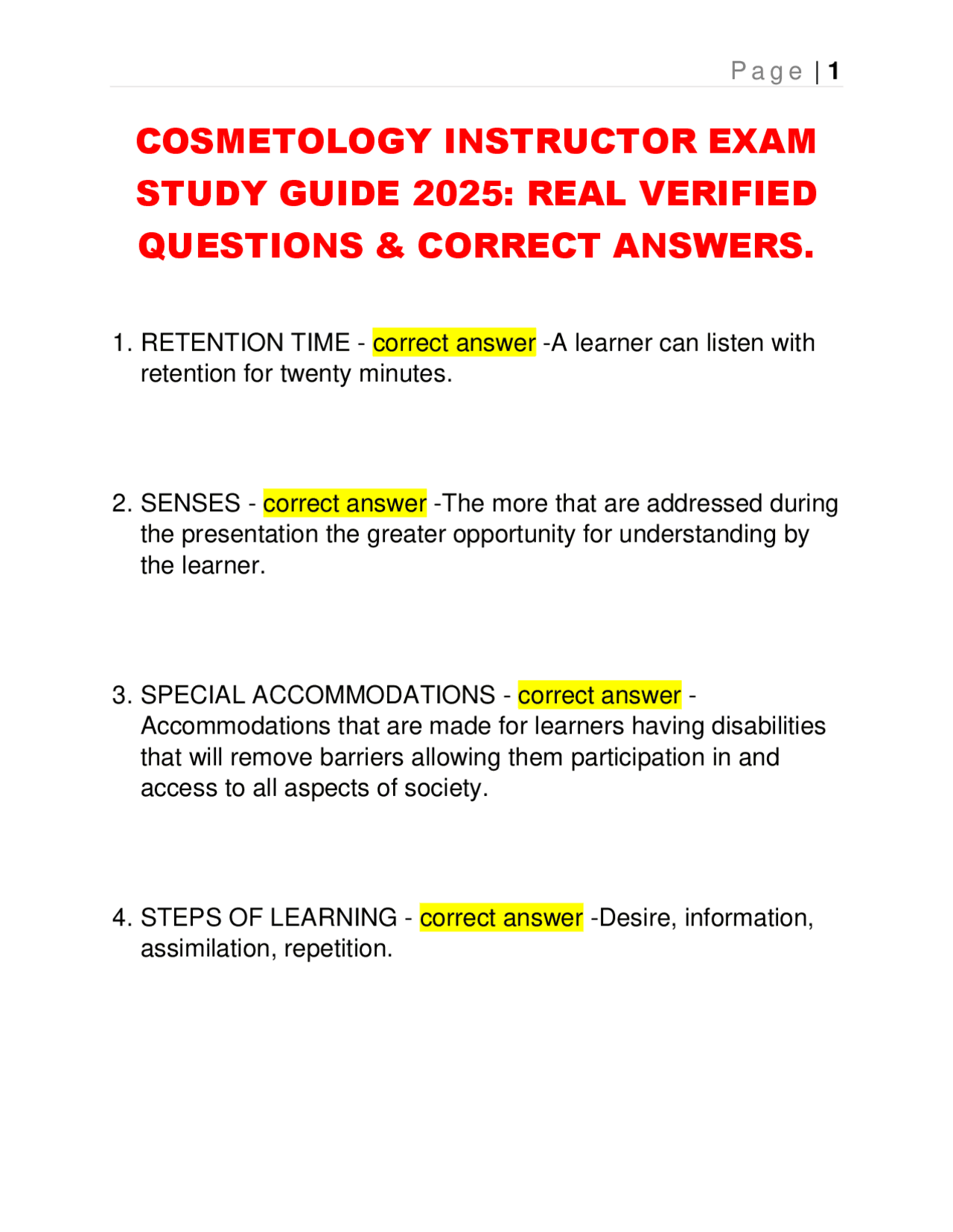 COSMETOLOGY INSTRUCTOR EXAM STUDY GUIDE 2025: REAL VERIFIED QUESTIONS ...