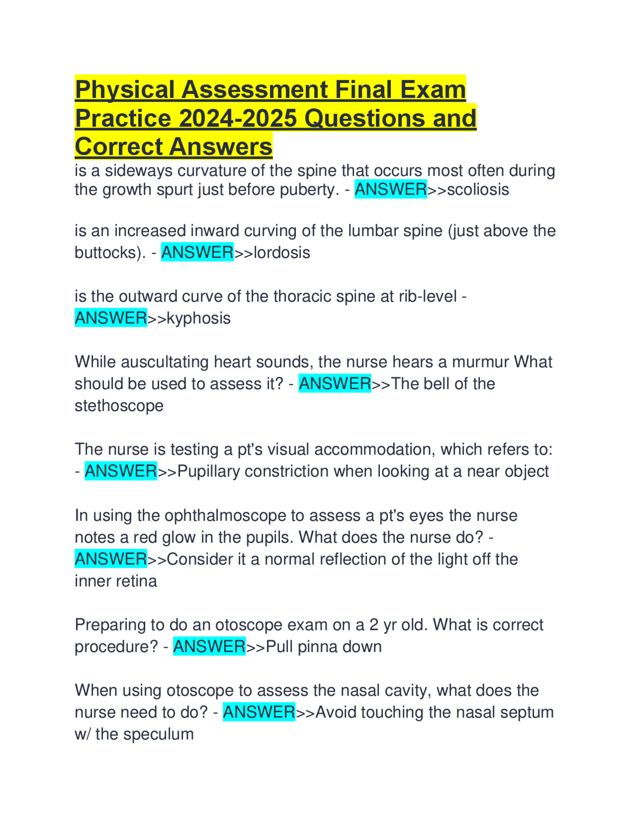 Physical Assessment Final Exam Practice 2024-2025 Questions and Correct ...