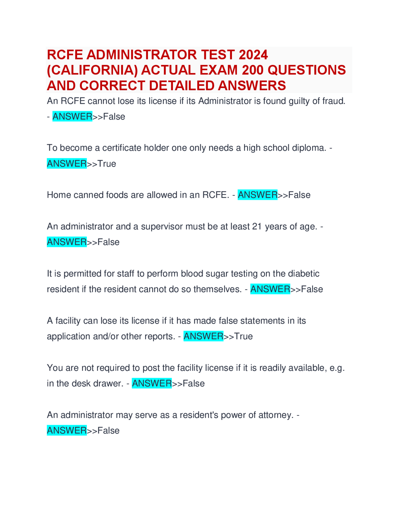 RCFE ADMINISTRATOR TEST 2024 (CALIFORNIA) ACTUAL EXAM 200 QUESTIONS AND ...