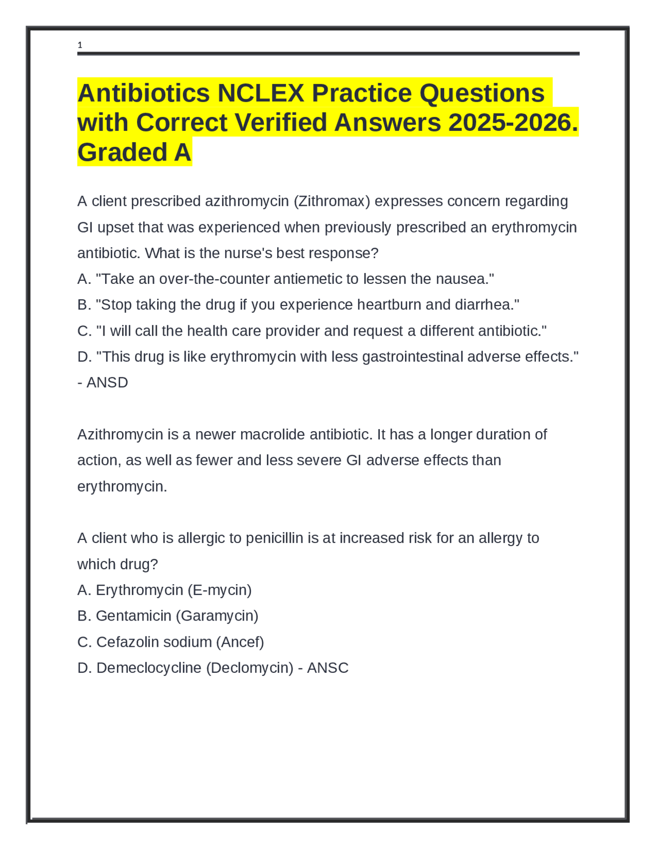 Antibiotics NCLEX Practice Questions with Correct Verified Answers 2025 ...
