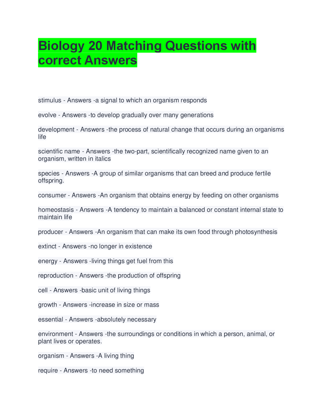 Biology Matching Questions: Key Definitions and Concepts | Exams ...