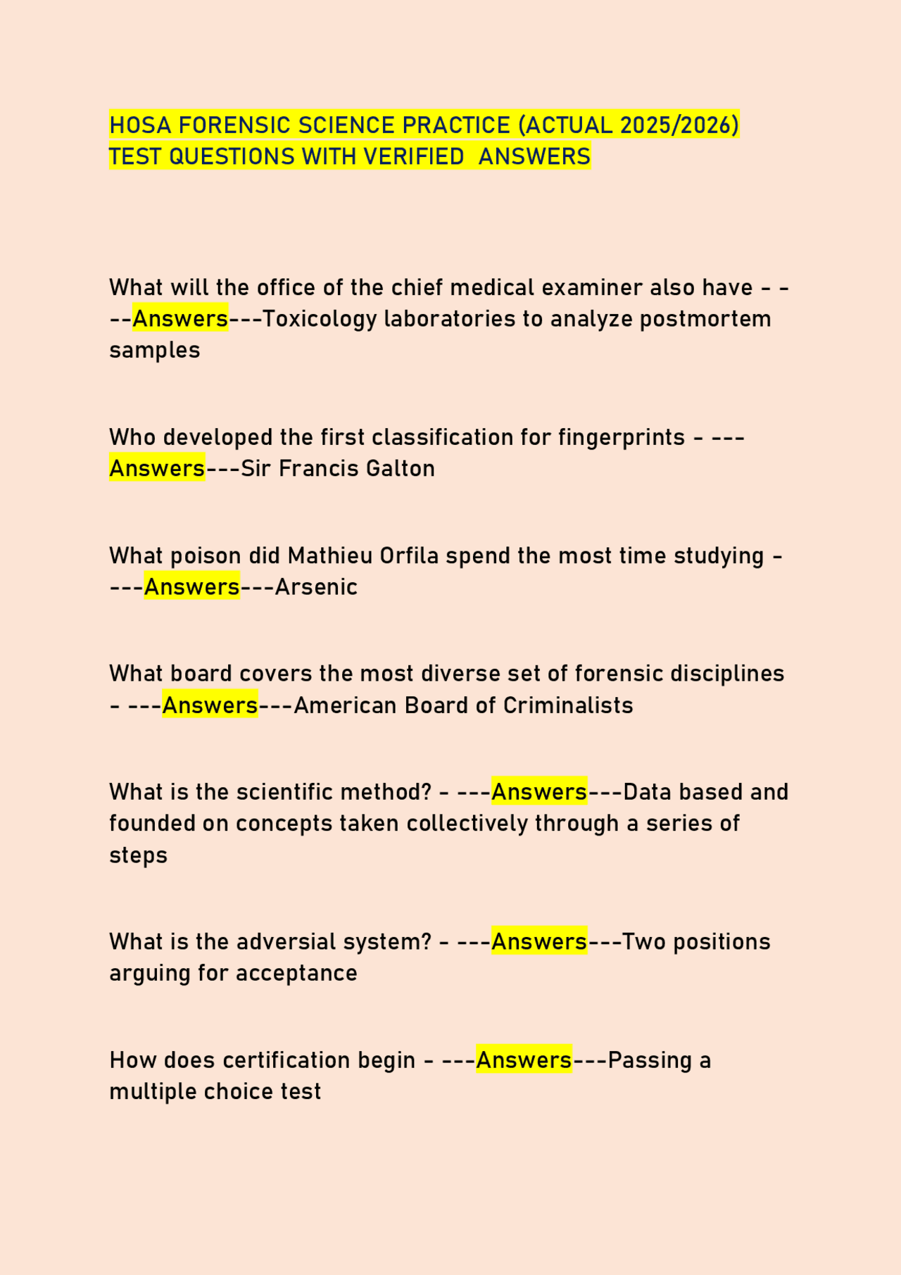 HOSA FORENSIC SCIENCE PRACTICE (ACTUAL 2025/2026) TEST QUESTIONS WITH ...