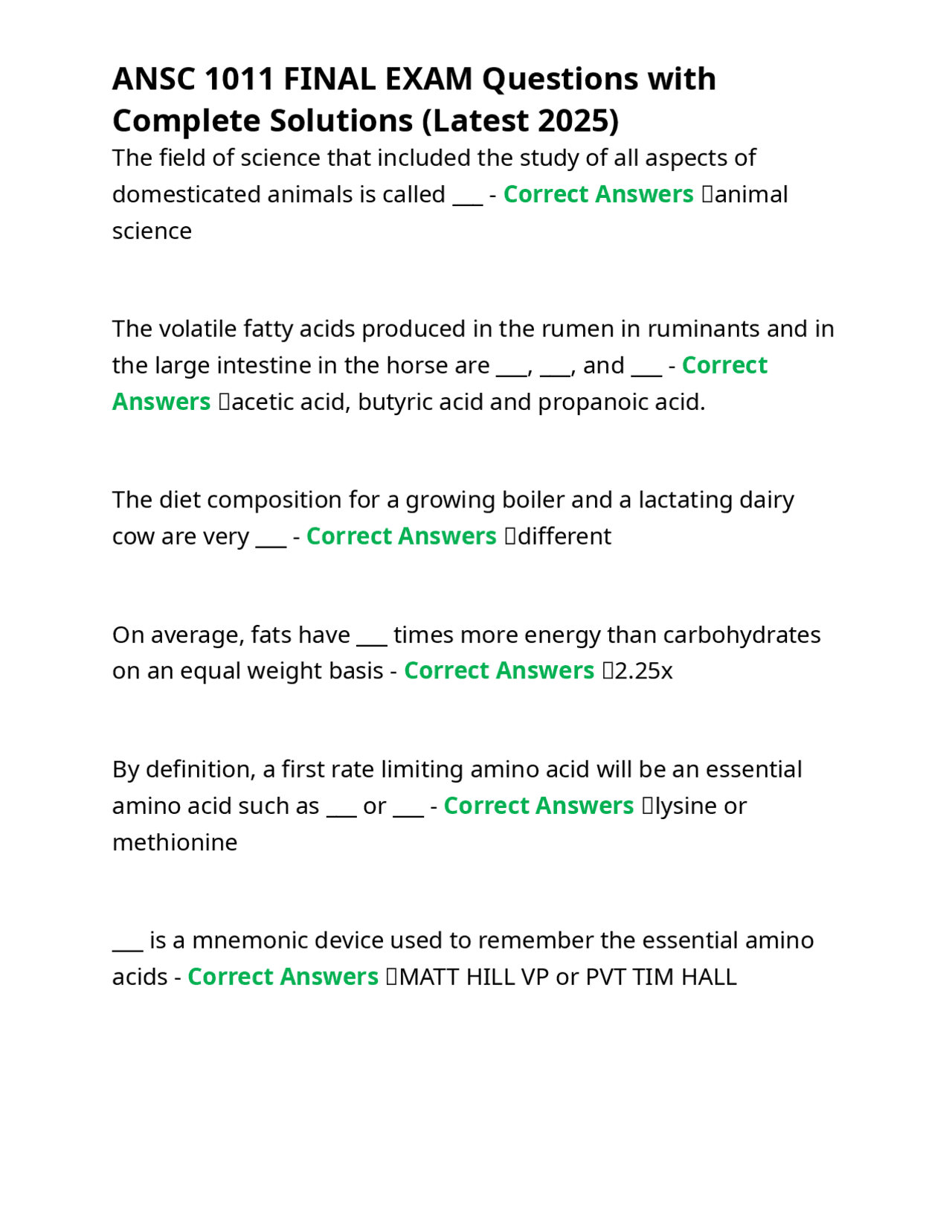 ANSC 1011 FINAL EXAM Questions with Complete Solutions (Latest 2025 ...