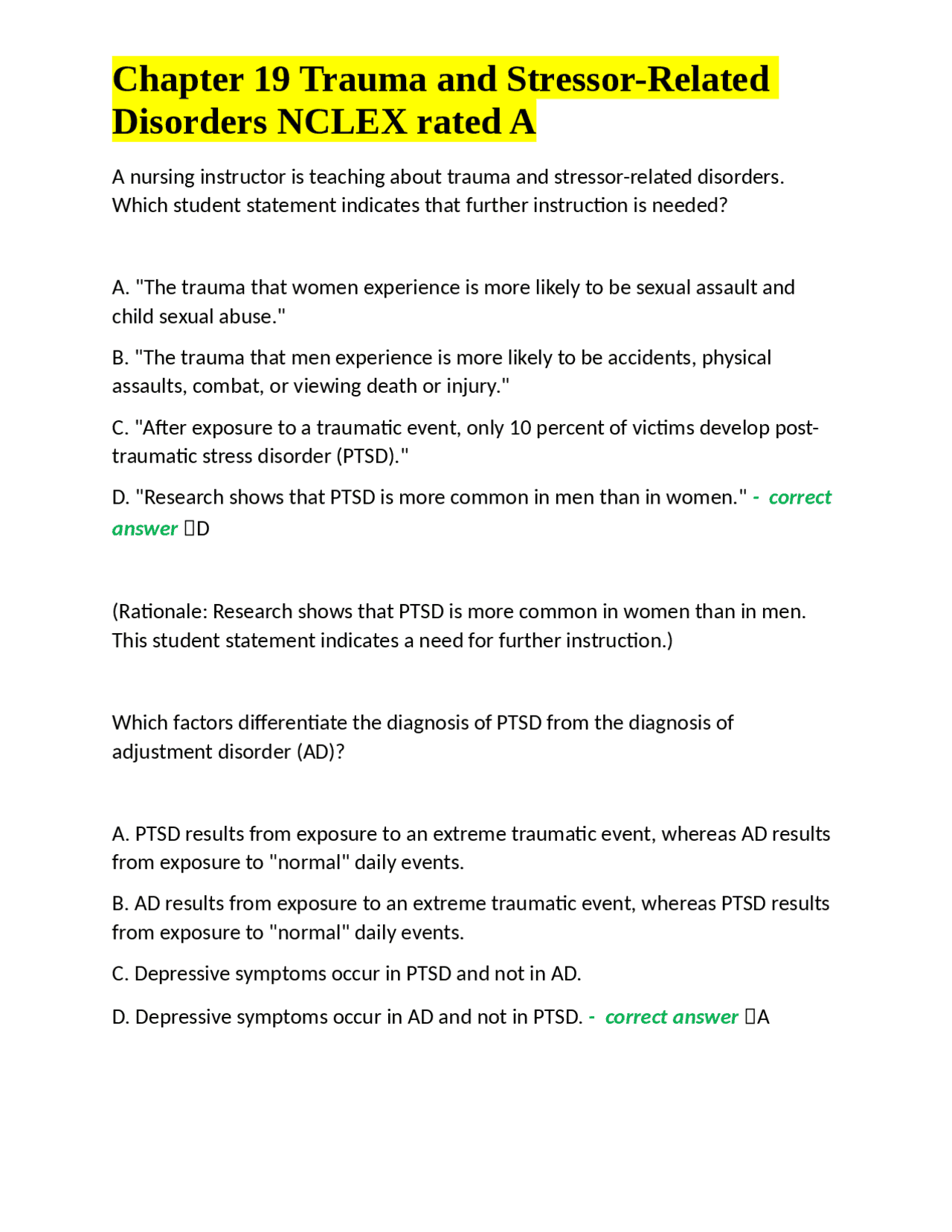 Chapter 19 Trauma and Stressor-Related Disorders NCLEX rated A | Exams ...