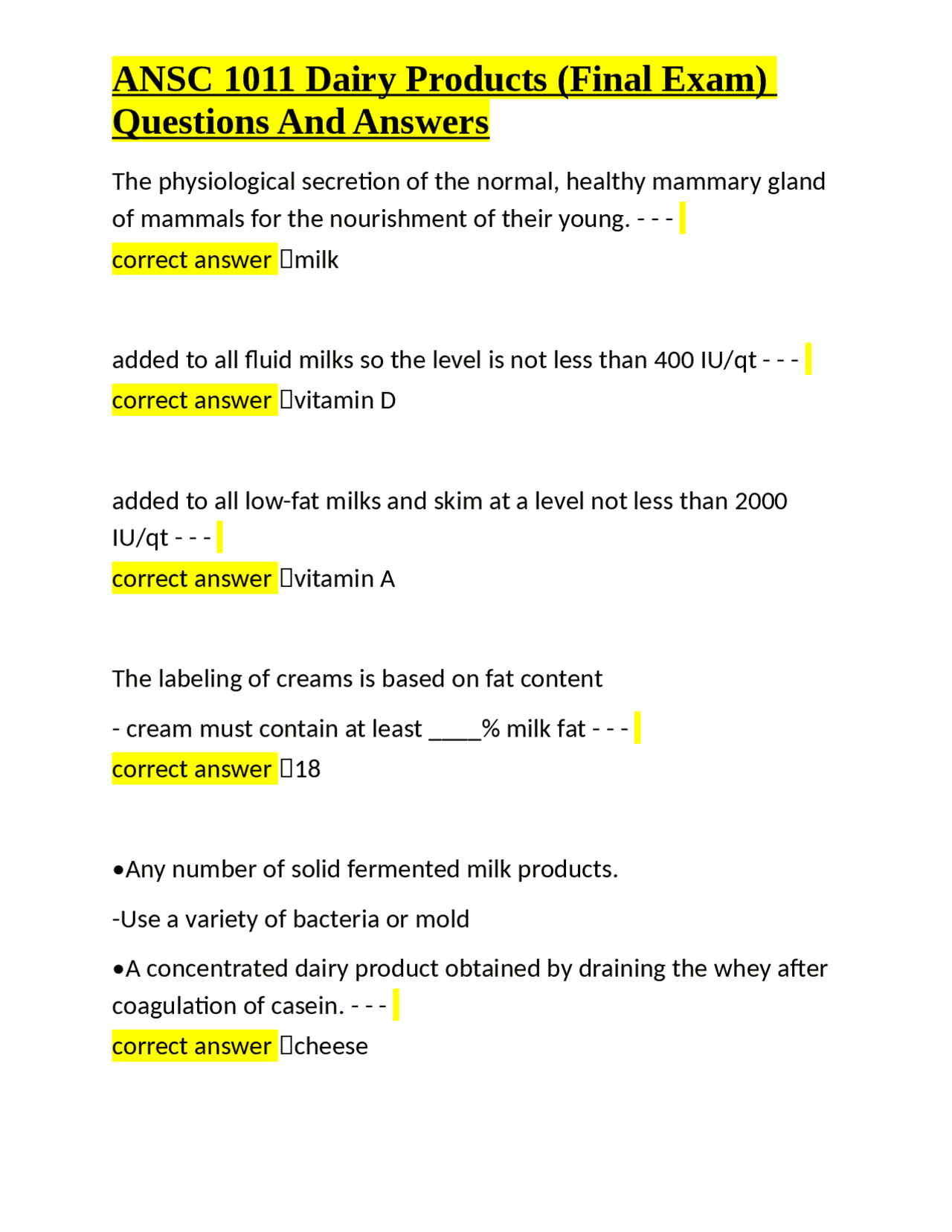 ANSC 1011 Dairy Products (Final Exam) Questions And Answers | Exams ...