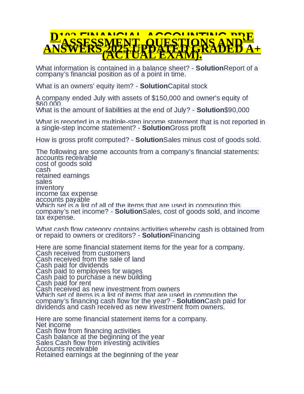 D102 FINANCIAL ACCOUNTING PRE ASSESSMENT QUESTIONS AND ANSWERS 2025 ...