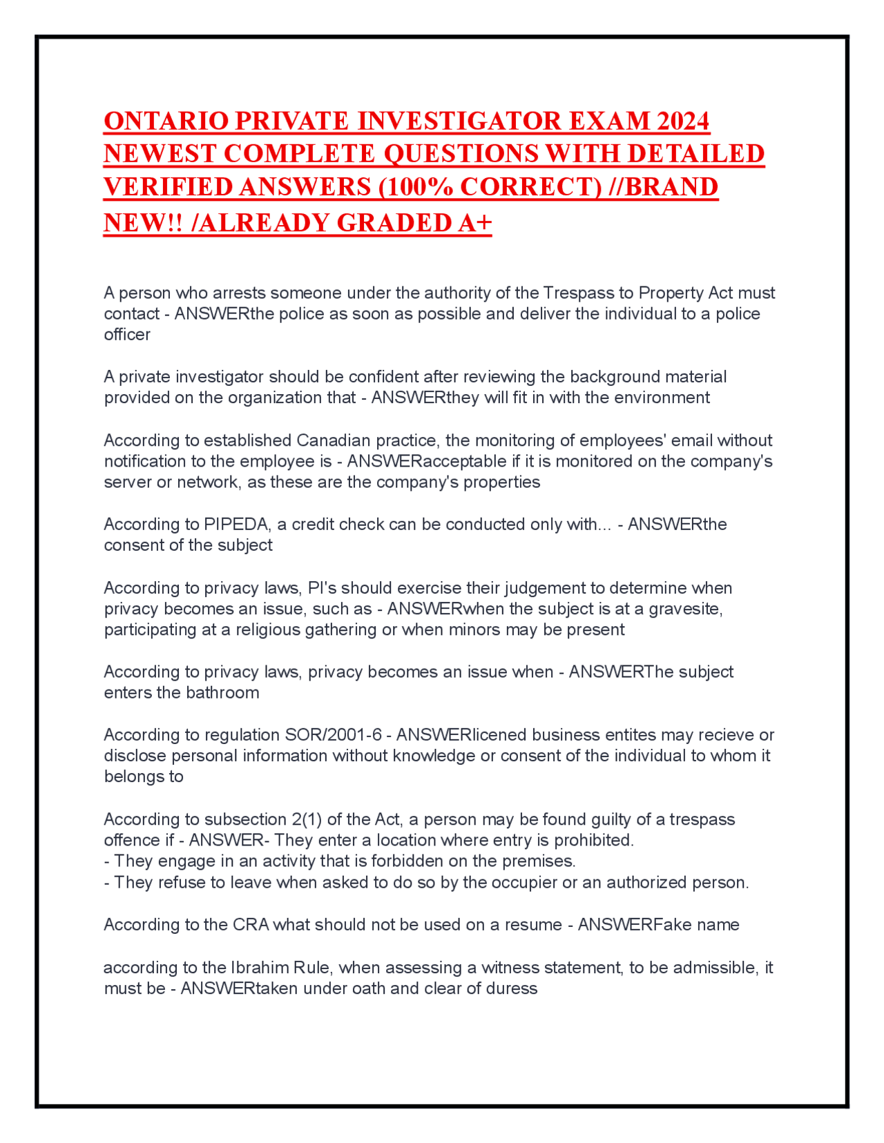 ONTARIO PRIVATE INVESTIGATOR EXAM 2024 NEWEST COMPLETE QUESTIONS WITH ...