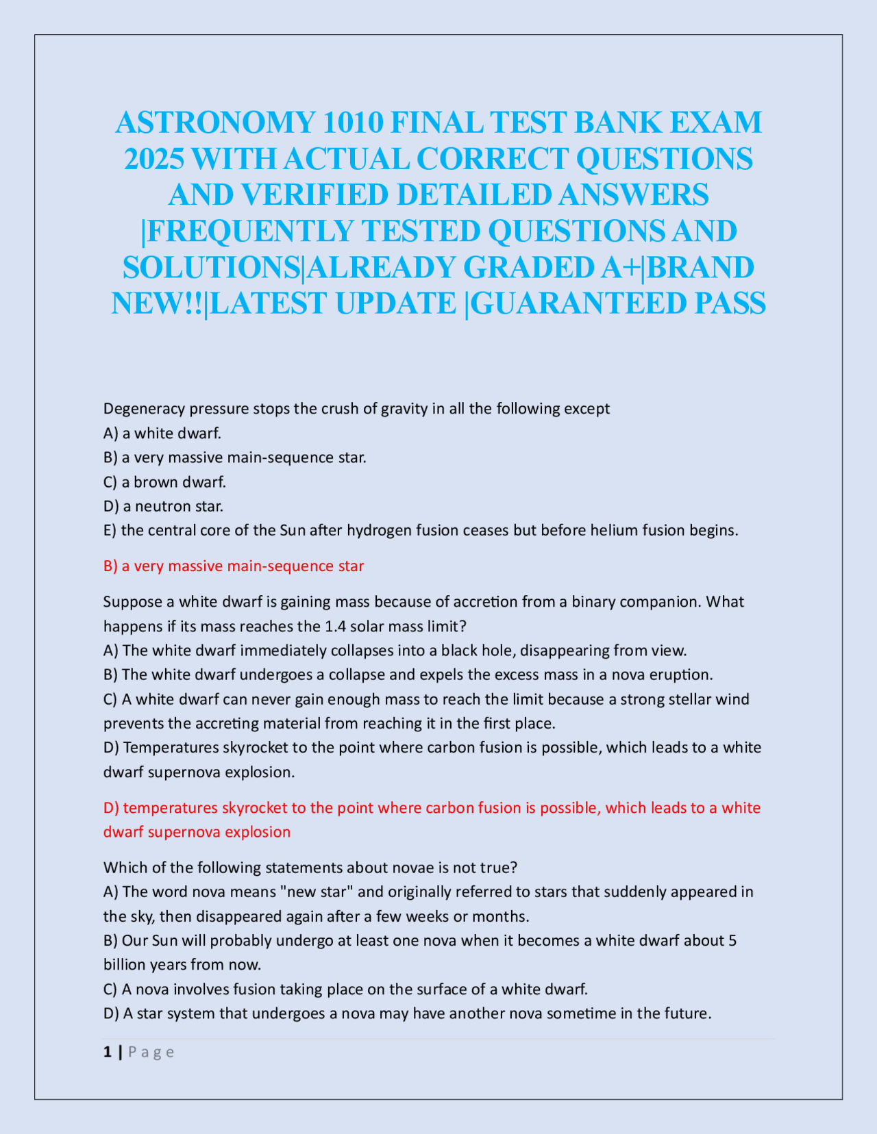 ASTRONOMY 1010 FINAL TEST BANK EXAM 2025 | Exams Astronomy | Docsity