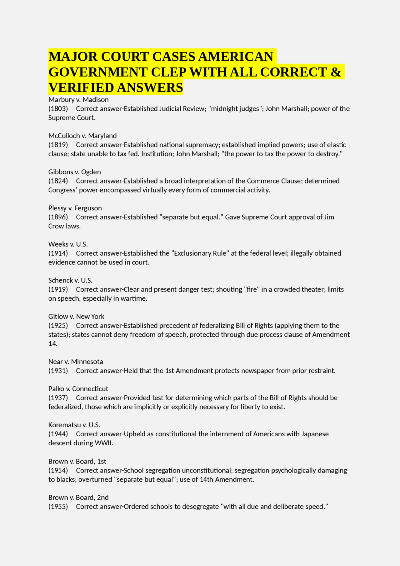 MAJOR COURT CASES AMERICAN GOVERNMENT CLEP WITH ALL CORRECT & VERIFIED ...
