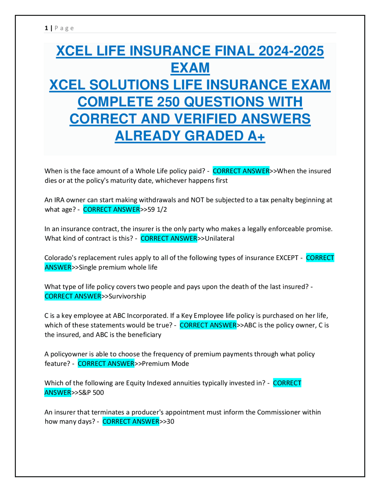 XCEL LIFE INSURANCE FINAL 2024-2025 EXAM XCEL SOLUTIONS LIFE INSURANCE ...