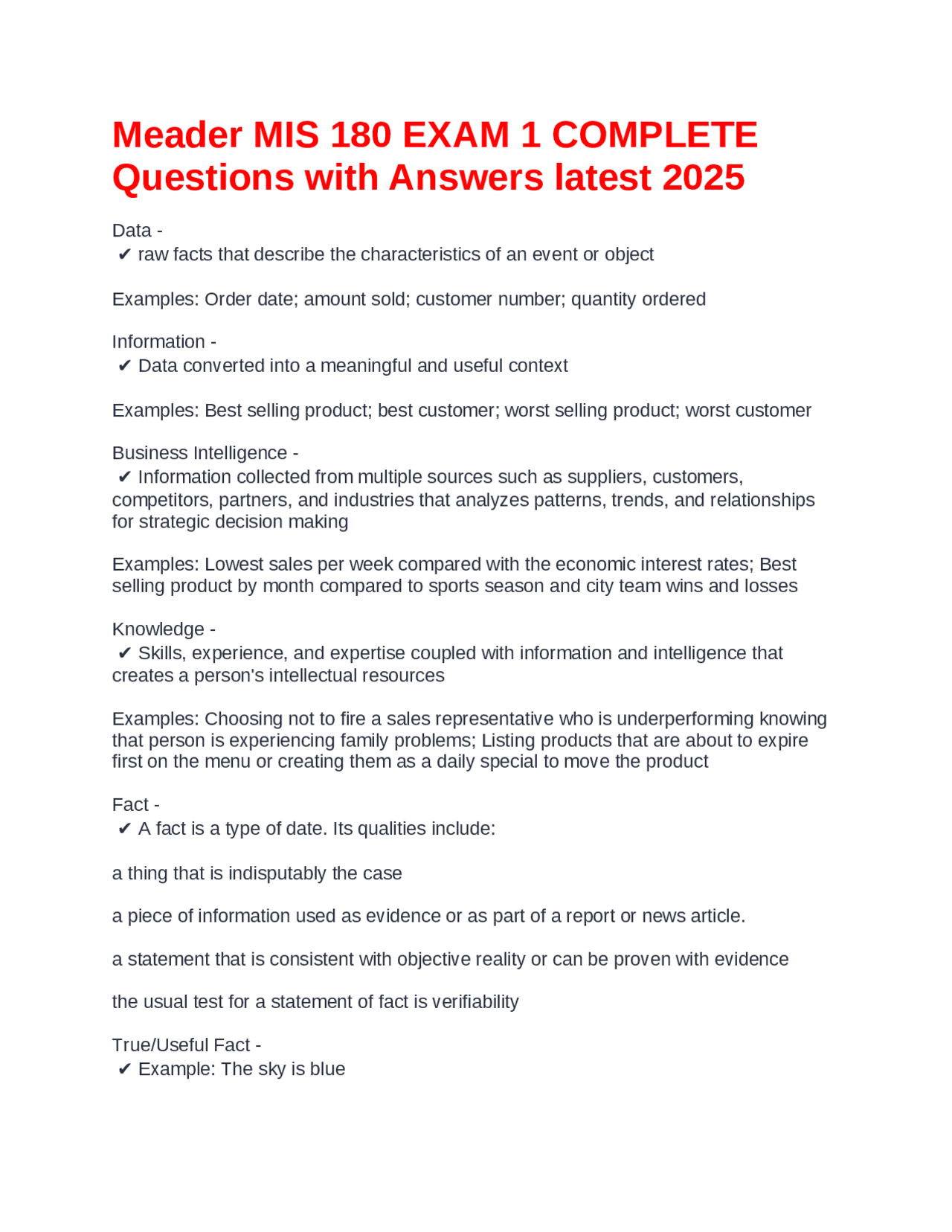 Meader MIS 180 EXAM 1 COMPLETE Questions with Answers latest 2025 ...