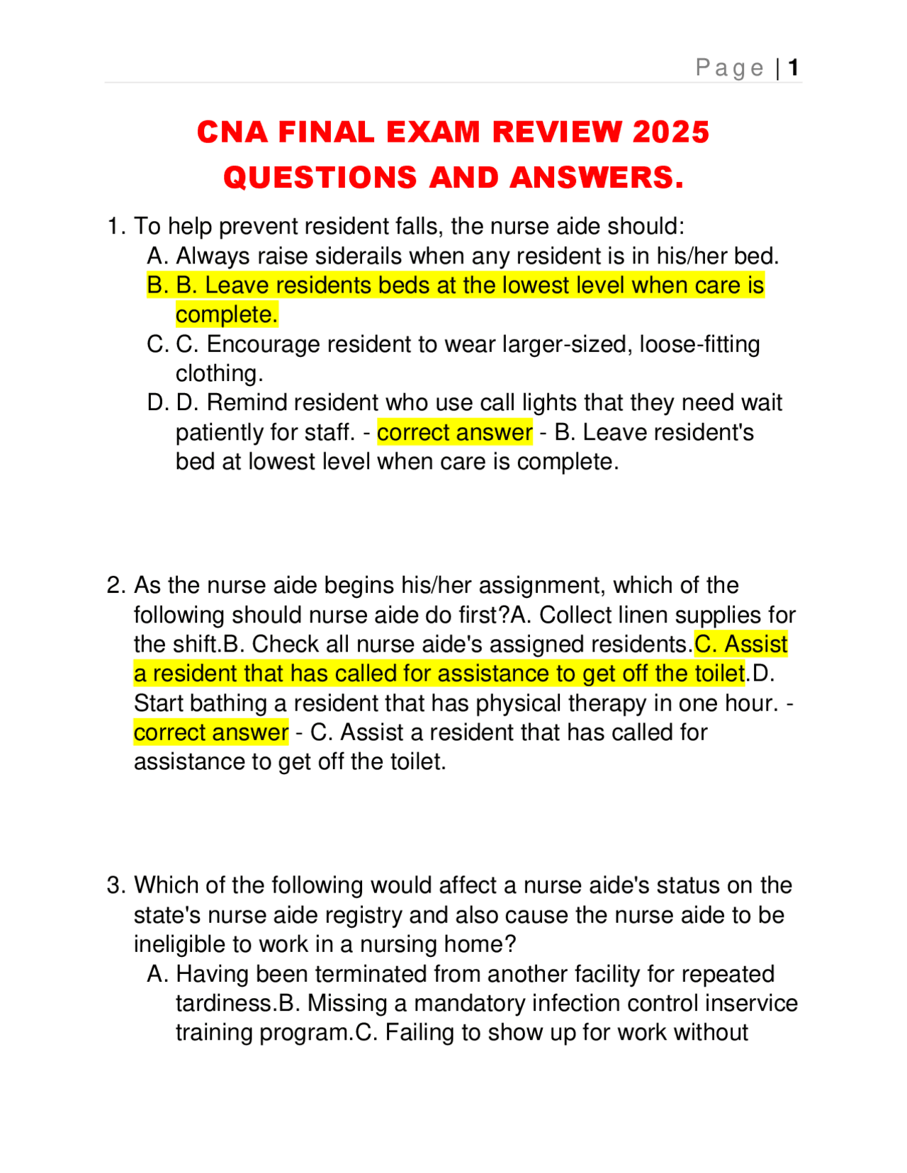 CNA Final Exam Review: Questions and Answers 2025 | Exams Nursing | Docsity