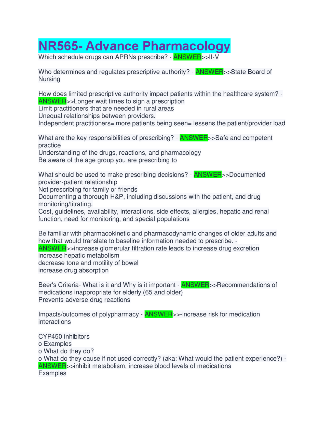 Advanced Pharmacology: Prescriptive Authority and Drug Interactions | Exams Pharmacology | Docsity