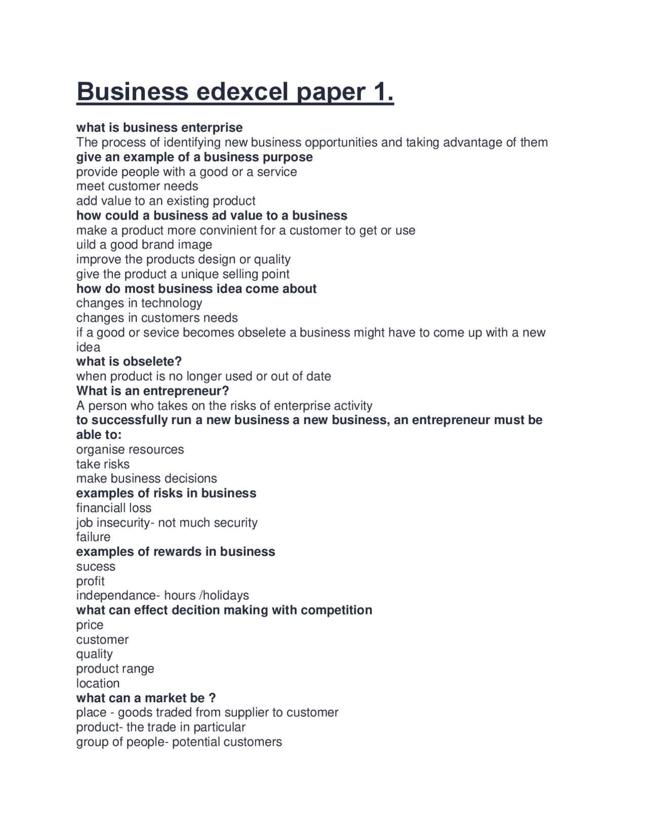 Business edexcel paper 1 Exam Question & Answers | Exams Fundamentals ...