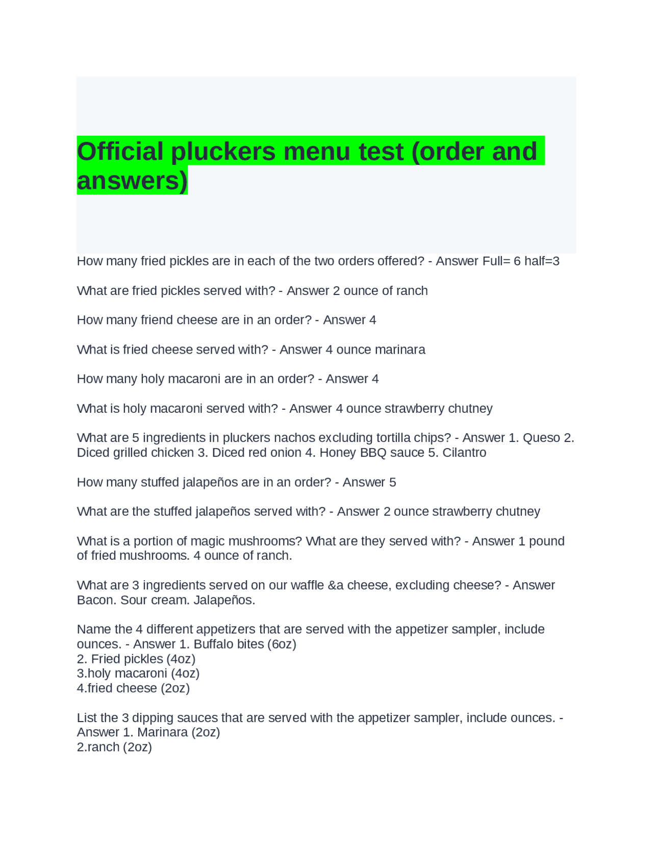 Pluckers Restaurant Menu Test: Questions and Answers | Exams Advanced ...