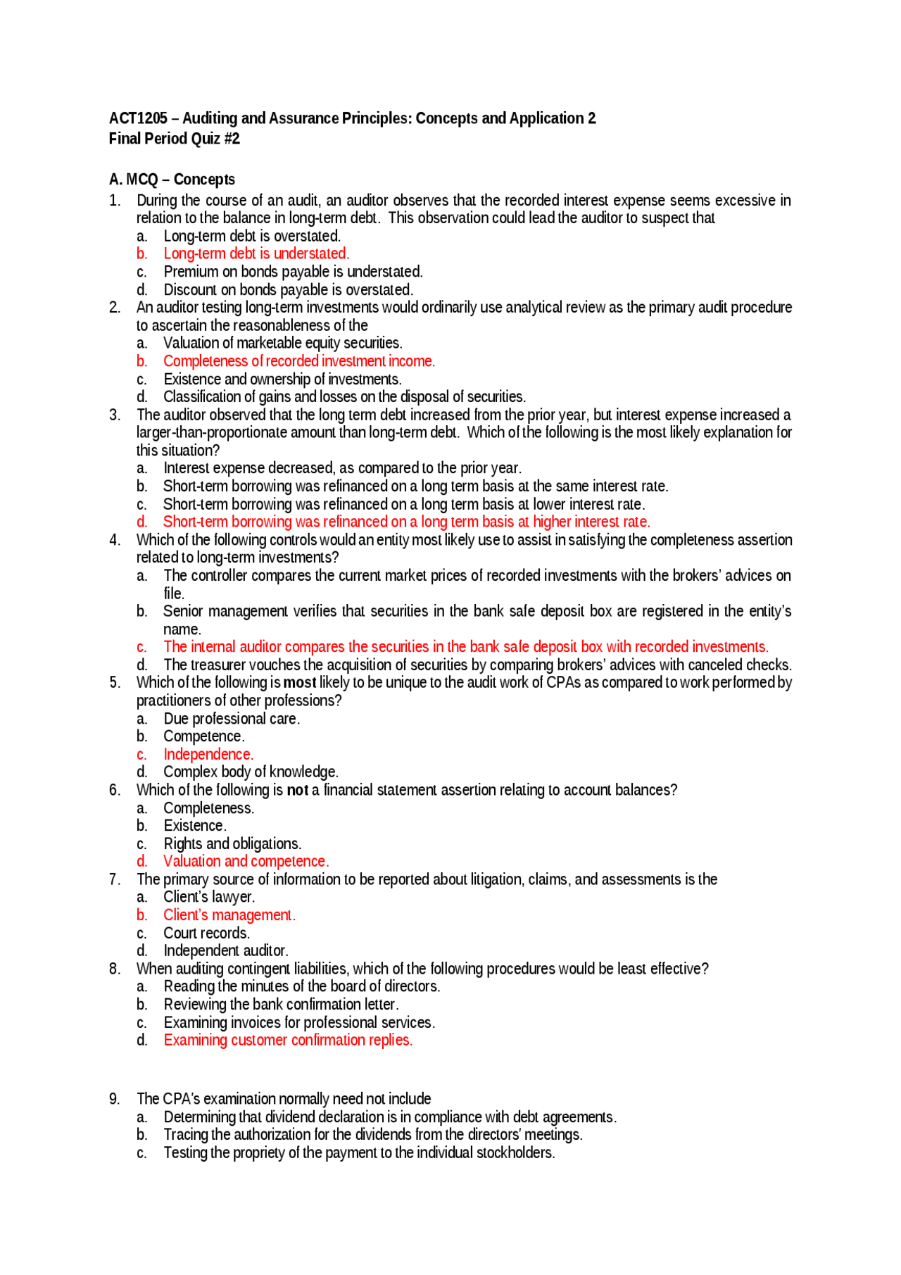 Auditing and Assurance Principles Quiz: Investments, Debt, and Equity ...