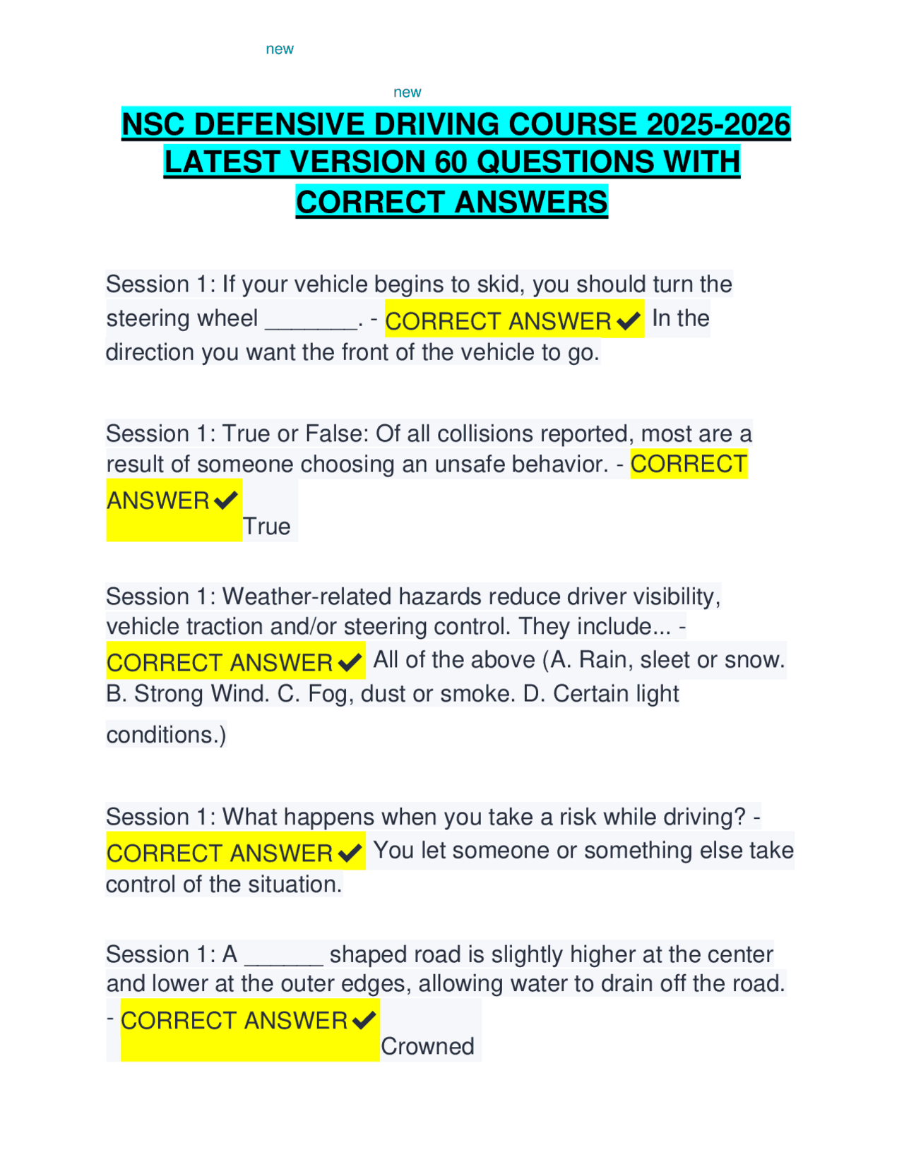 Nsc Defensive Driving Course 2025 2026 Latest Version 60 Questions With